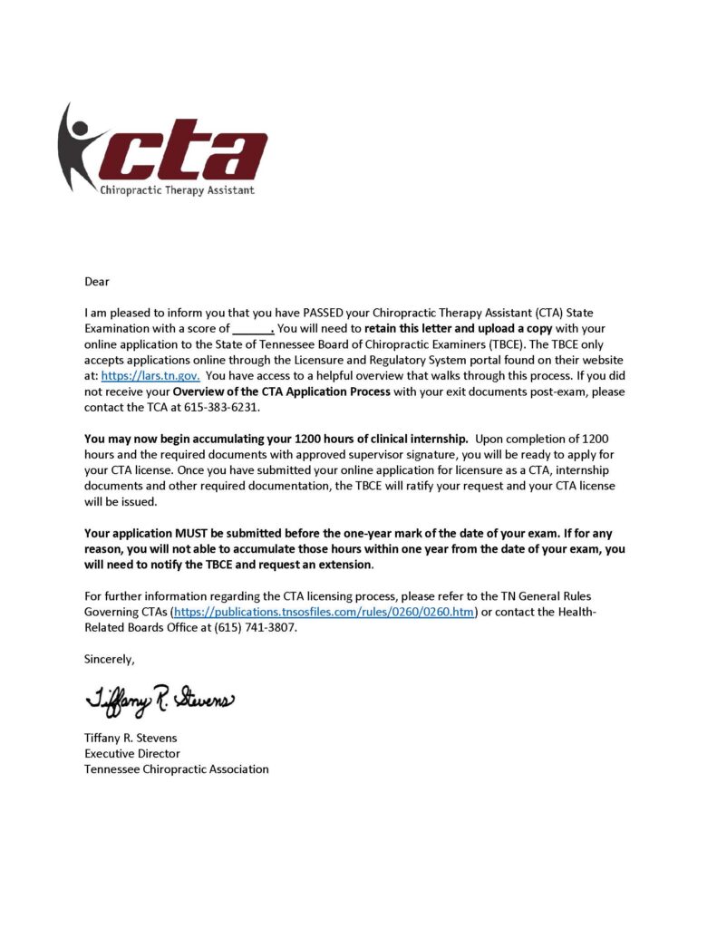 Exam Pass Letter - Chiropractic Therapy Assistant